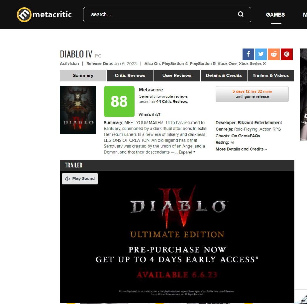 Diablo 4 estreia com notas altas e alcança 88 no Metacritic