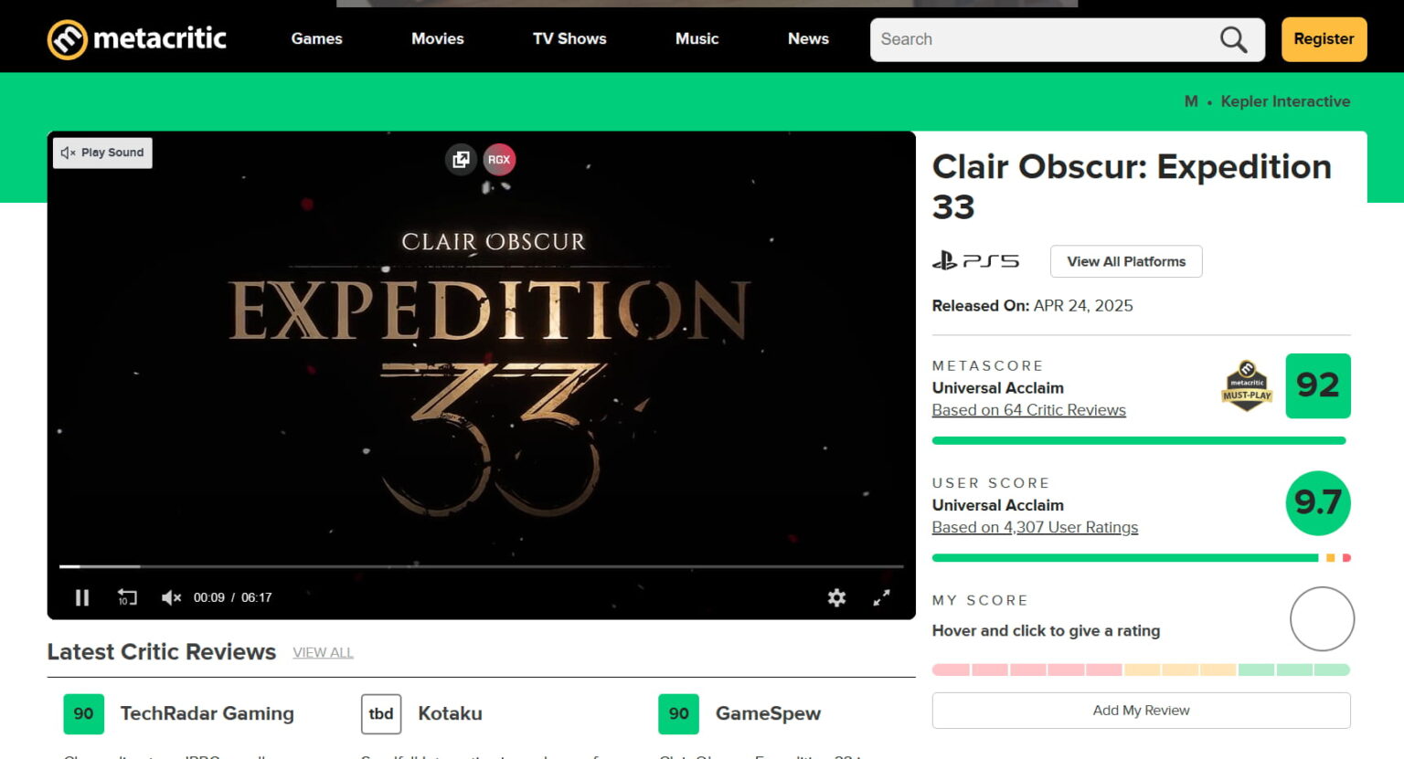 Clair Obscur tem maior nota de usuários do Metacritic